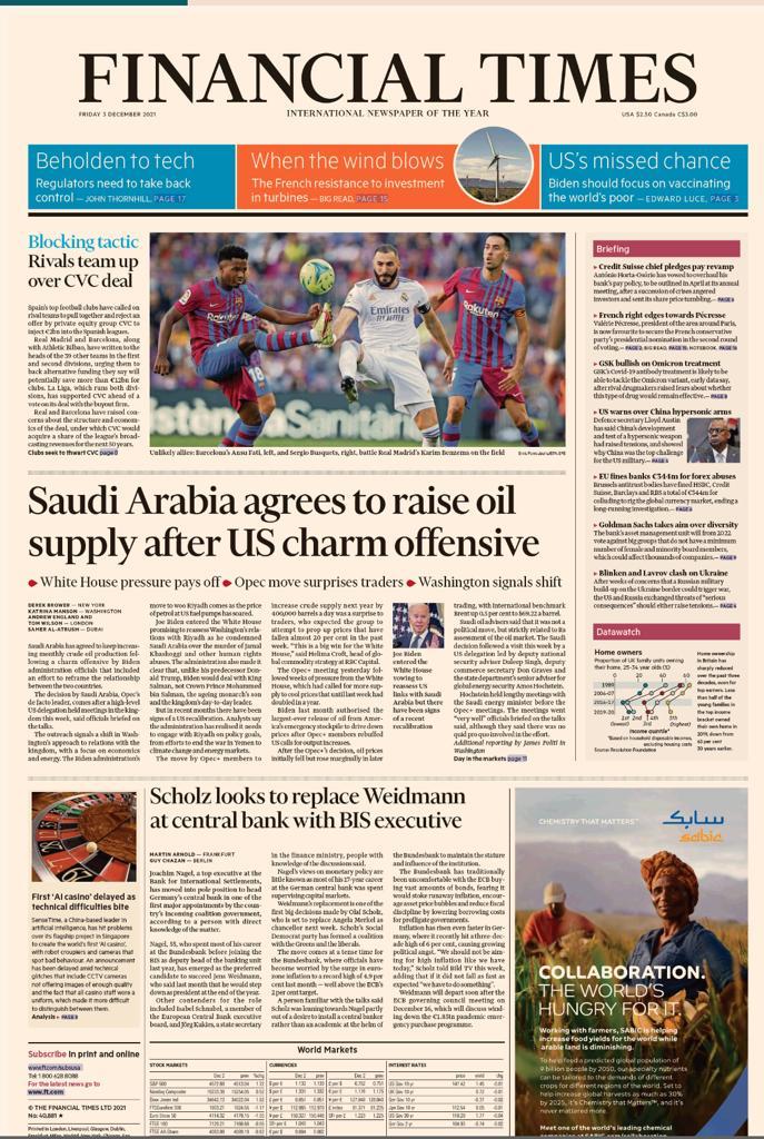 La noticia del nuevo crédito es portada del 'Financial Times'... pero ...