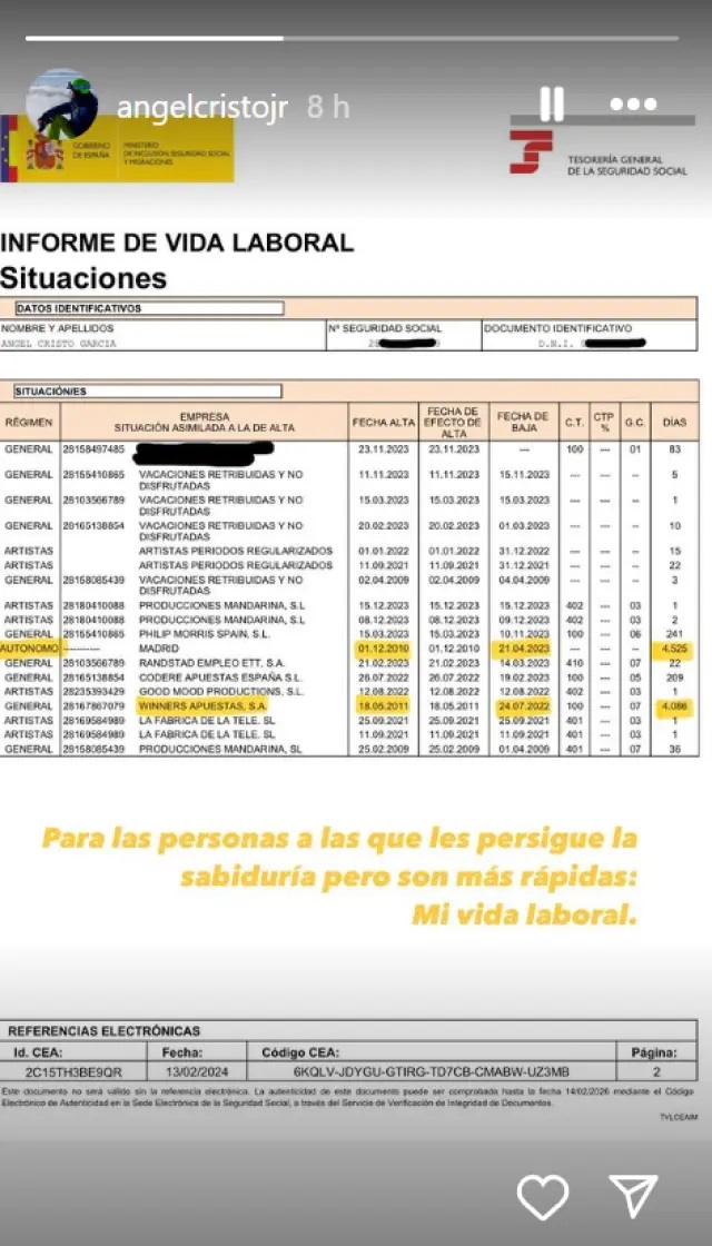 Ángel Cristo Jr comparte su vida laboral y desvela, por error, su ...