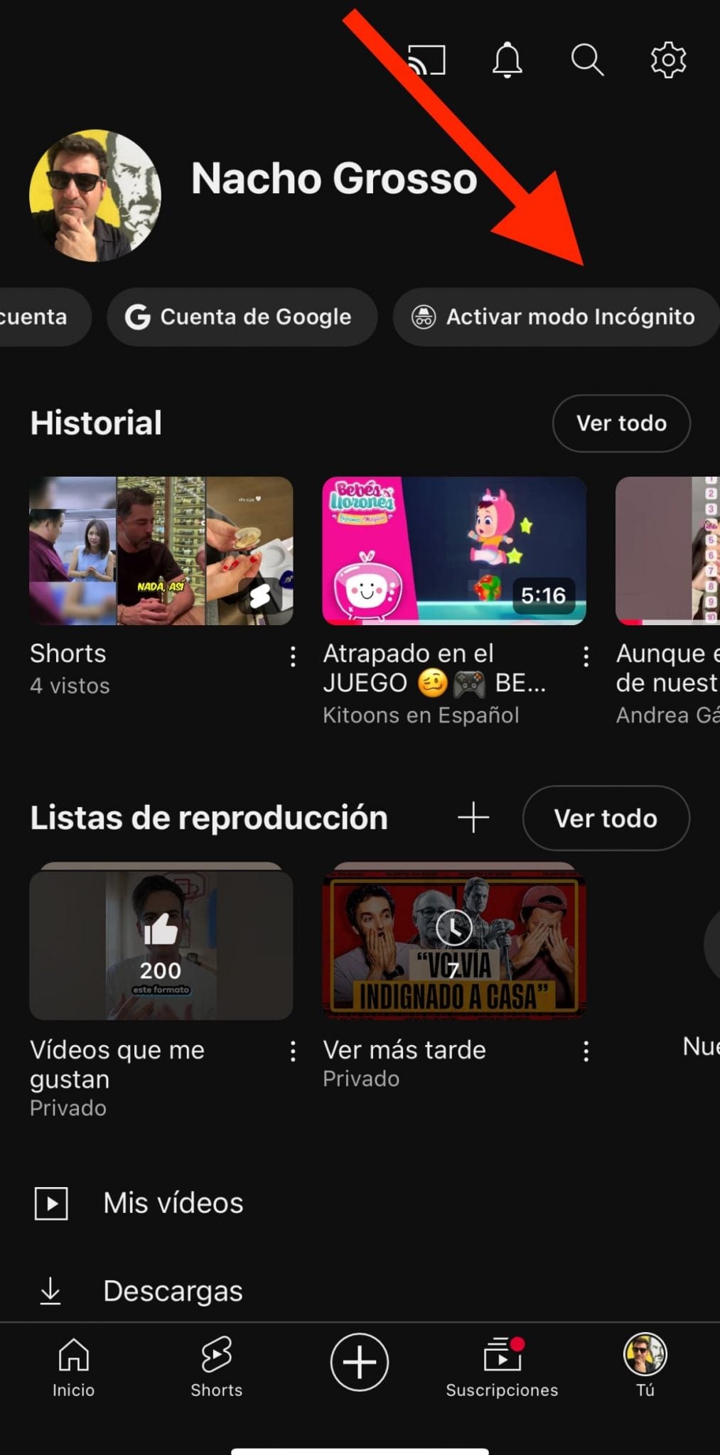 Cómo activar el modo incógnito en YouTube