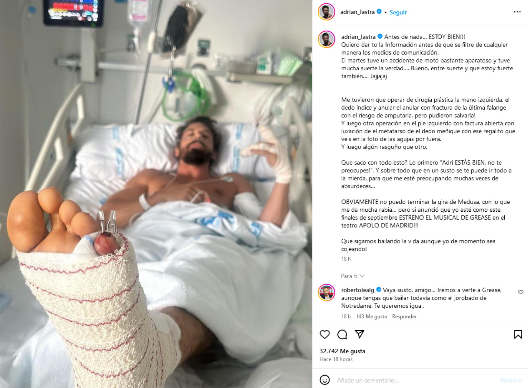 Adrián Lastra comparte su parte médico tras salir del quirófano: "Tuve ...